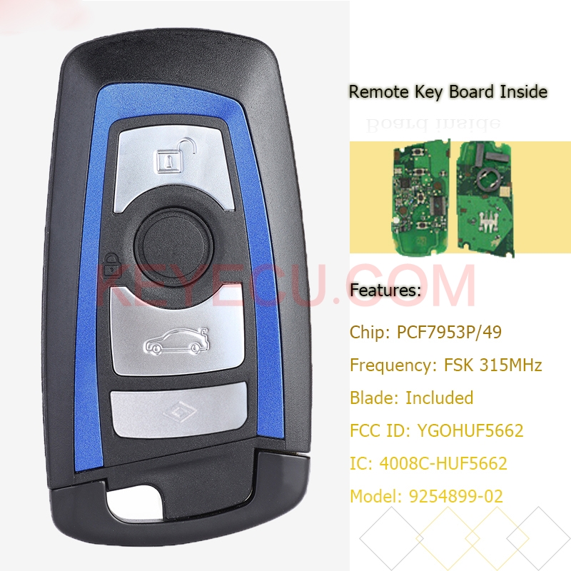 Blue Remote Key Fob 4 Button 315MHz PCF7953 / PCF7945 for BMW F Chassis ...