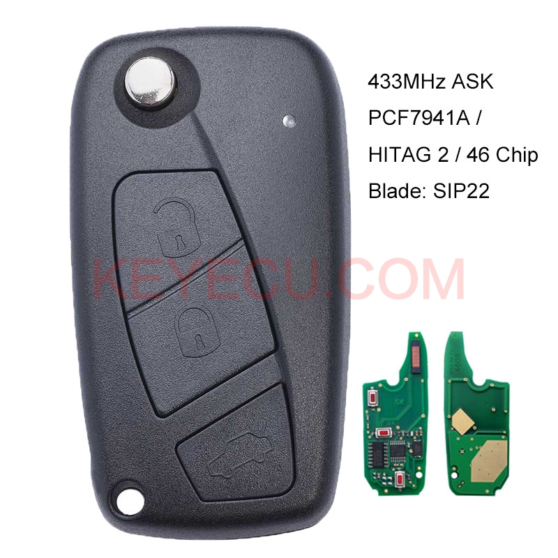 Black Flip Remote Key Fob 3 Button ASK 433MHz PCF7941 for Fiat Panda ...