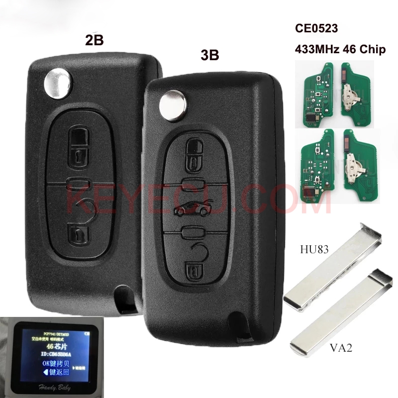 CE0523 0523 Remote Flip Remote Key ASK/ FSK 433MHz ID46 for PEUGEOT 207 ...