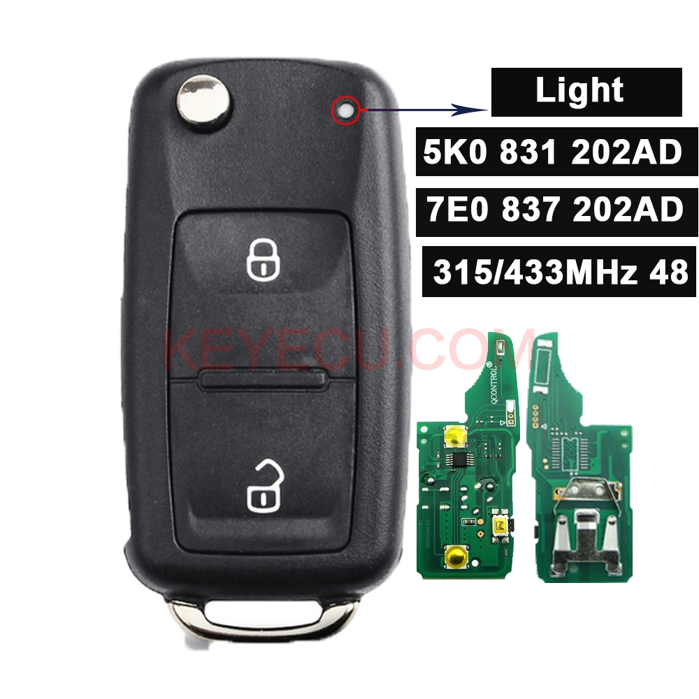 7E0 837 202AD / 5K0 831 202AD Flip Remote Car Key Fob 315MHz/ 433MHz ...