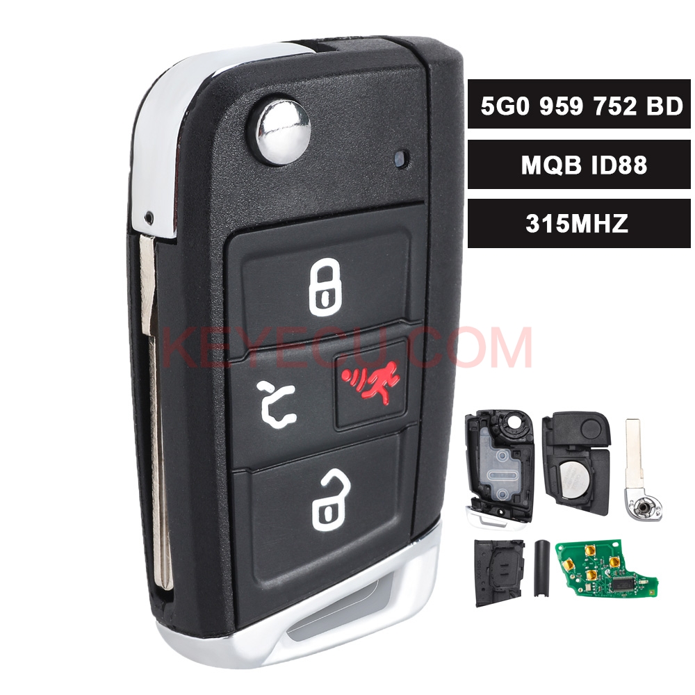 5G0 959 752 BD MQB AES ID88 Flip Keyless Remote Key Fob ASK 315MHz for ...
